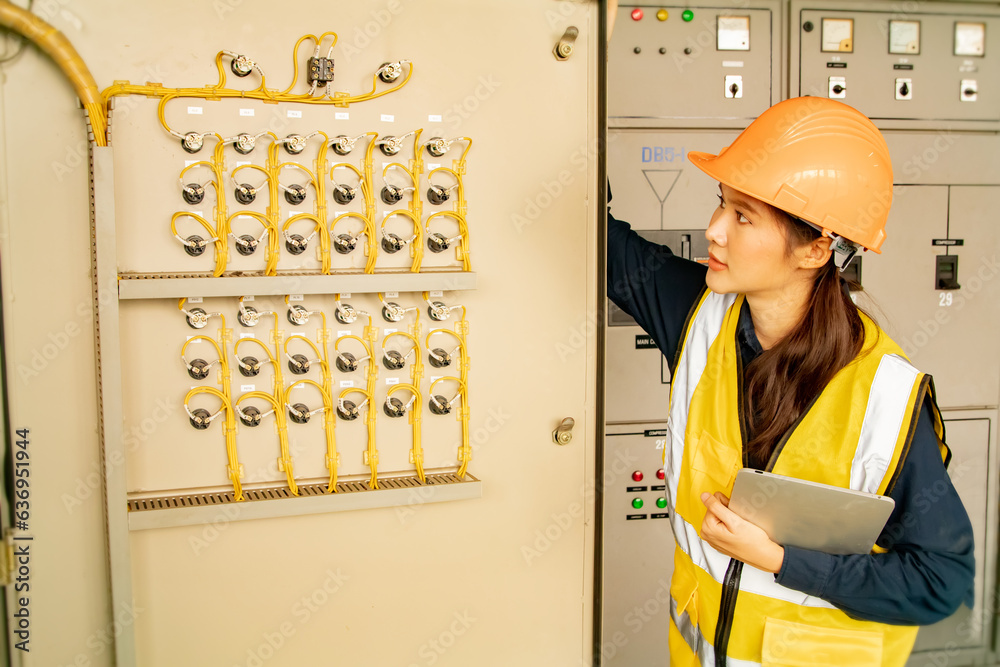 Asian female electrician, electronic technician checking electrical ...