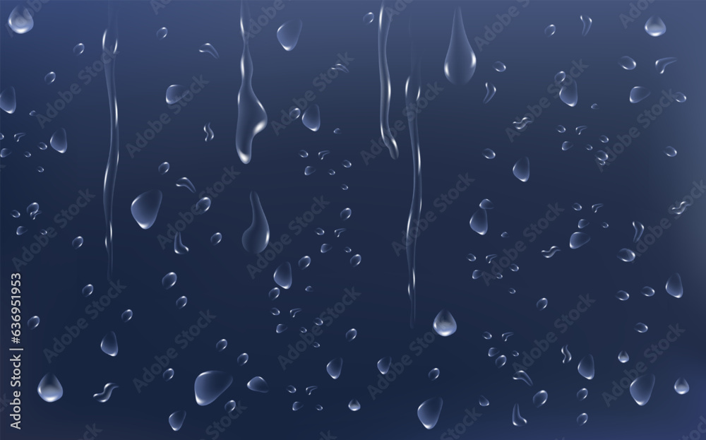 Rain transparent drops flow down the glass.Realistic wet condensation ...