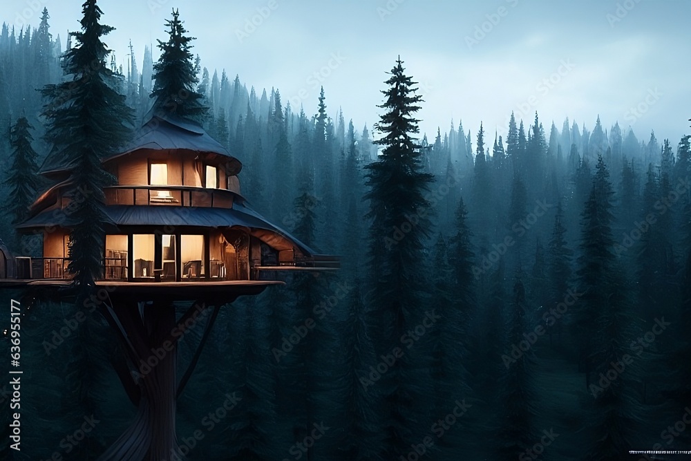 Misty Blue Tree House Stock Illustration | Adobe Stock