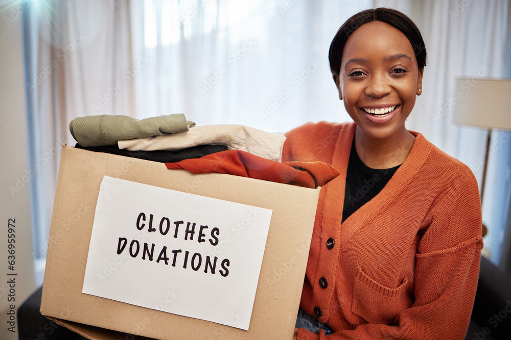 Clothes donation, charity and woman portrait with box for nonprofit and ...