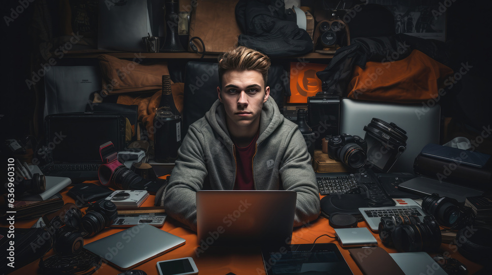 Concept of Lost in the Virtual World: A young man is surrounded by ...