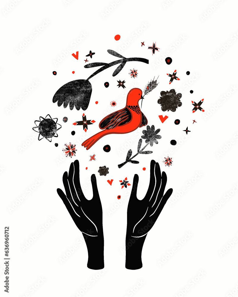 Bird flying for freedom from an open hands. Freedom concept, silhouette ...