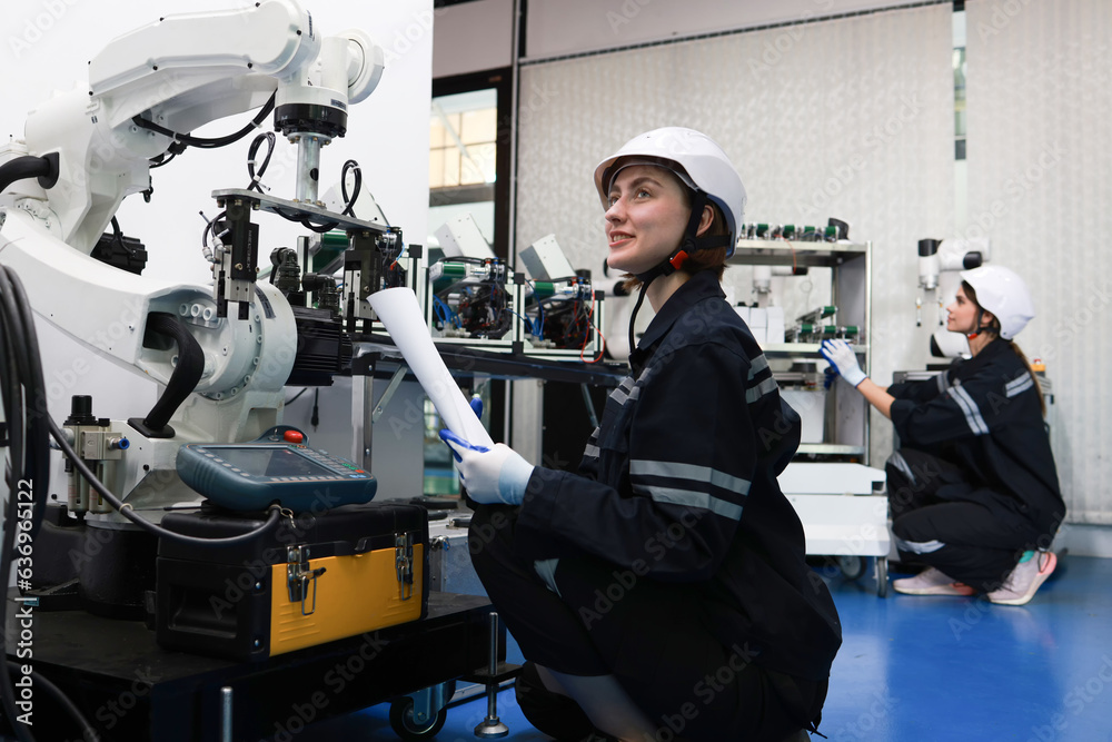 Two female Caucasian mechatronics engineers working to check and ...
