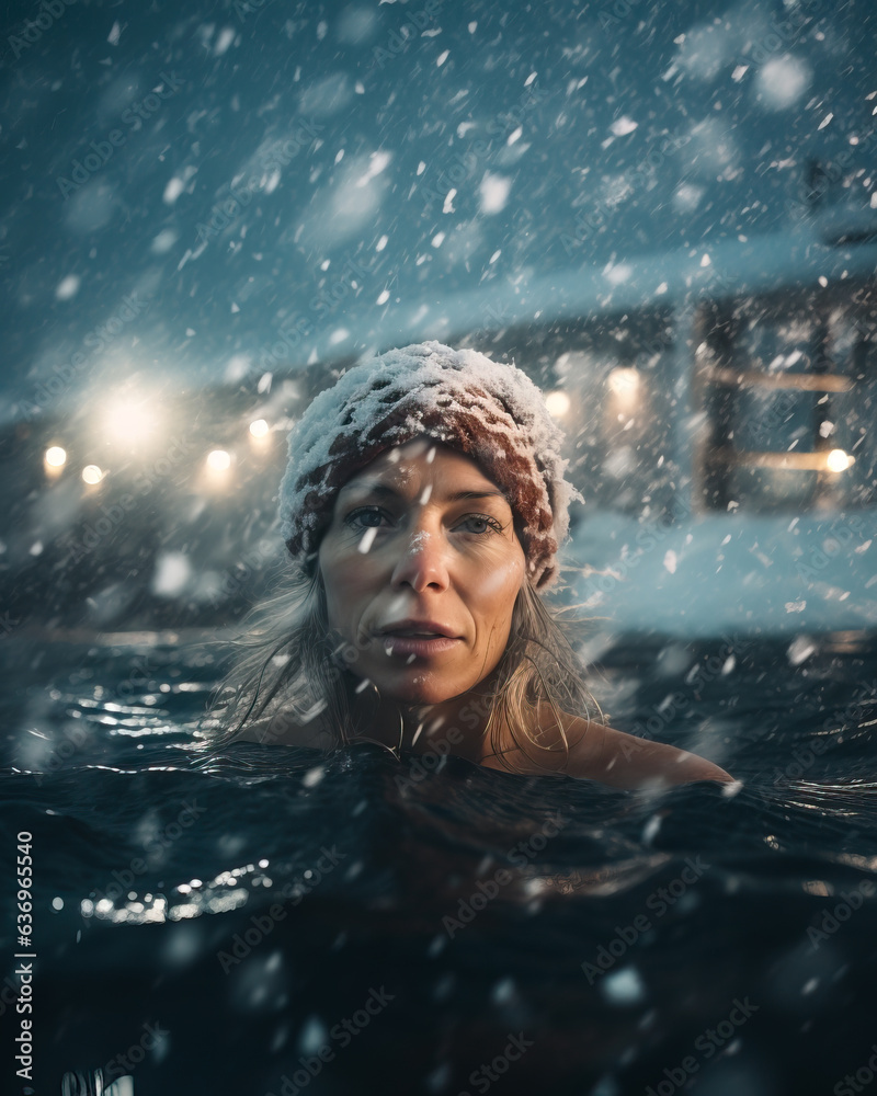 Woman swimming in cold water in the night with scenic snowfall making ...