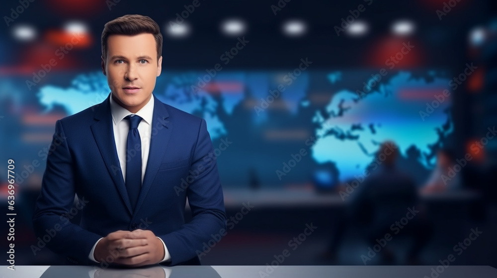 Professional TV Presenter Reporting Breaking News Updates, wide banner ...