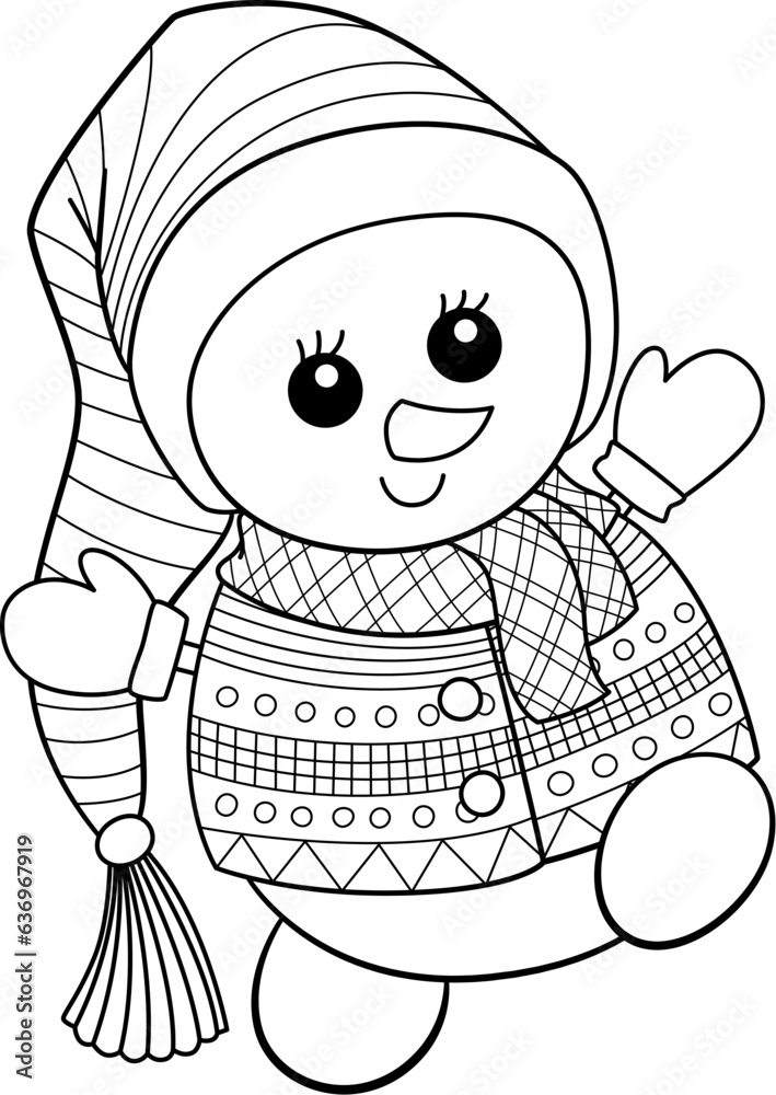 Cute snowman doodle coloring book page. Black and white vector ...