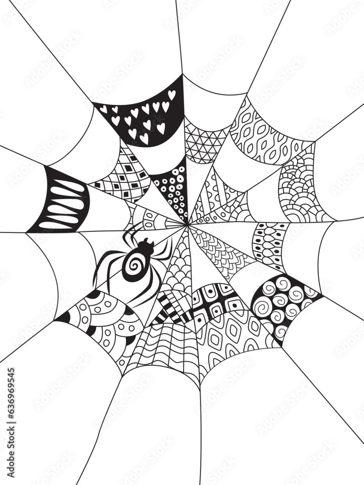 Spider on spider web doodle coloring book page. Black and white vector ...