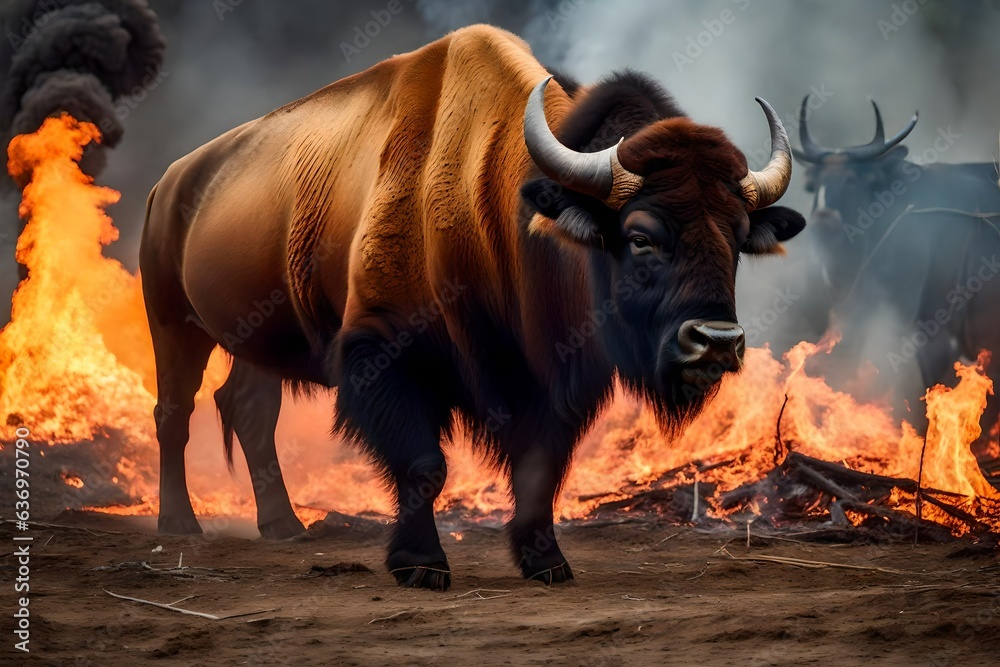 Furious furry bison with a growl giving a death stare. Angry bison with ...