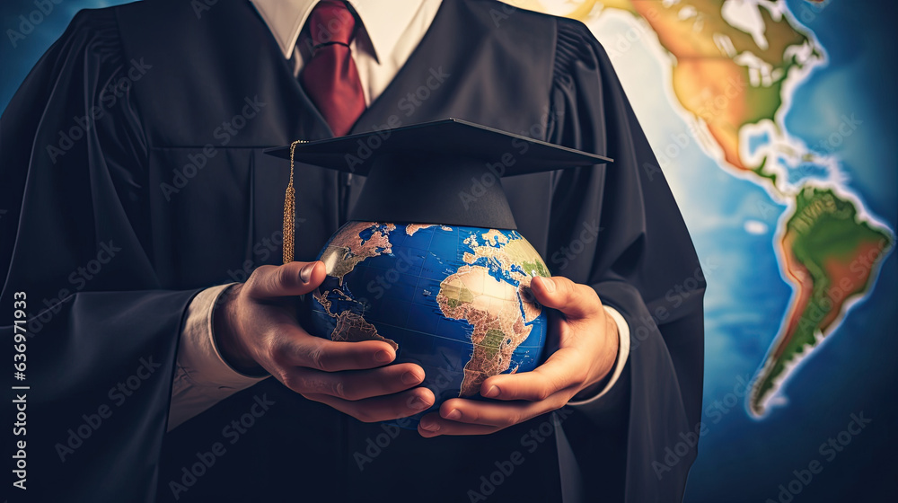 Education in Global world, Graduation cap on Businessman holding Earth ...