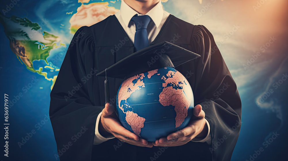 Education in Global world, Graduation cap on Businessman holding Earth ...