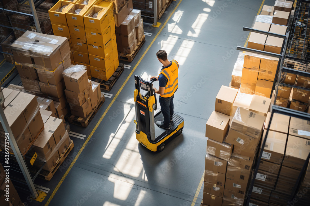 A warehouse employee moving goods in a large logistics centre. Aerial ...