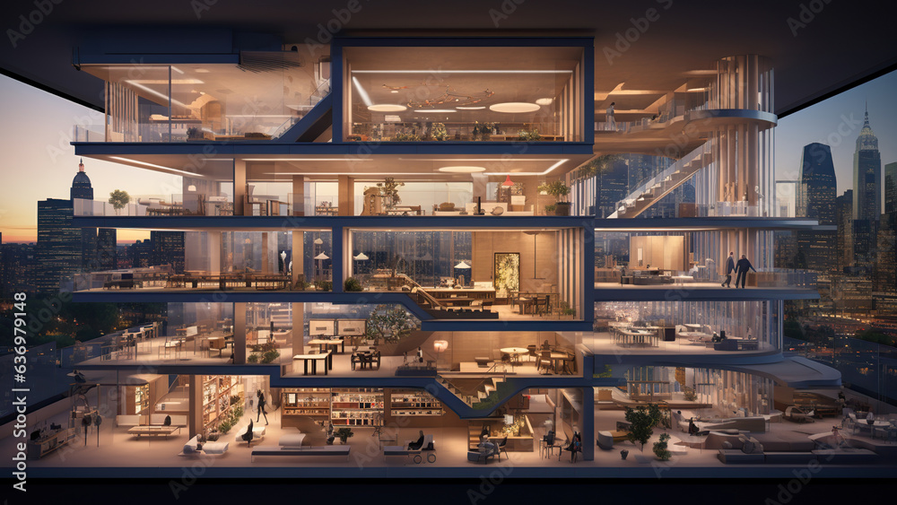 Architectural illustration of a high-rise building with transparent ...