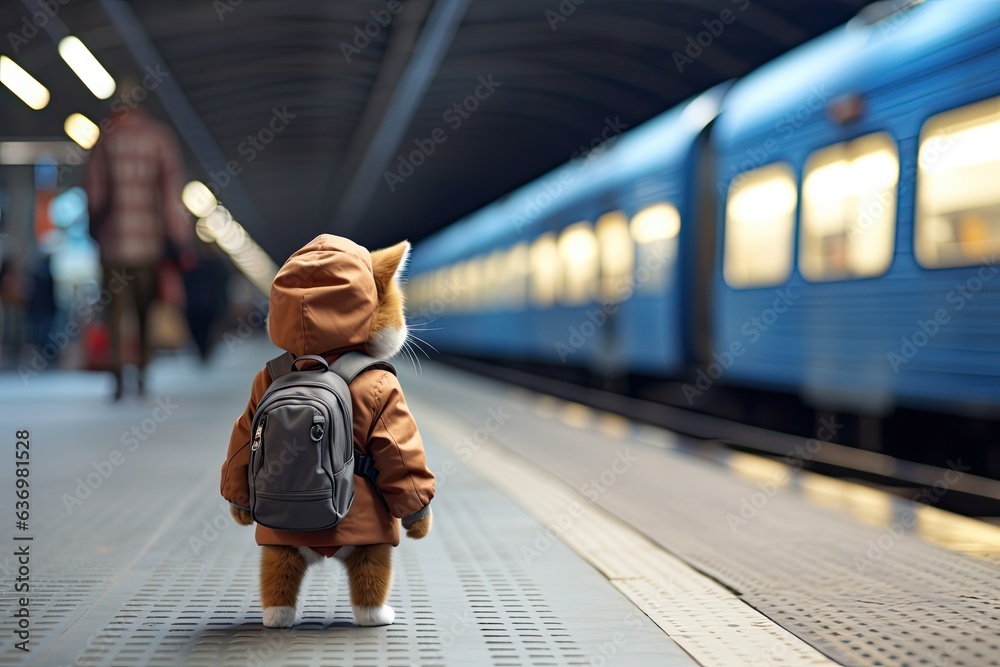 Photorealistic illustration with a sad tiny kitten missed the train ...