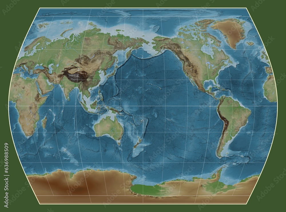 Poster World map. Colored elevation. Times projection. Meridian: 180 ...