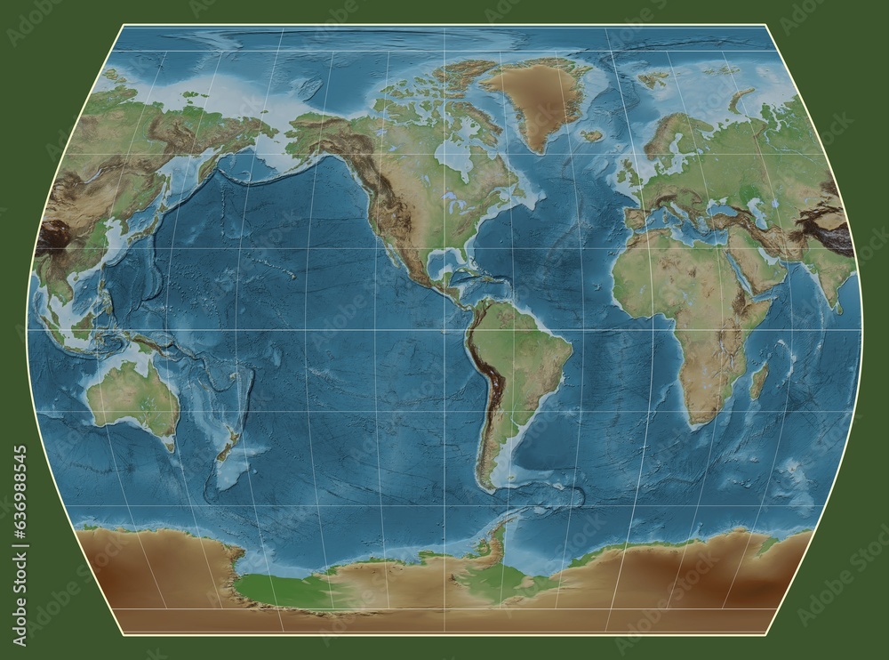 World map. Colored elevation. Times projection. Meridian: -90 west ...