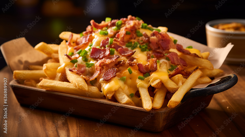 A tempting platter of loaded cheese fries, covered with a generous ...