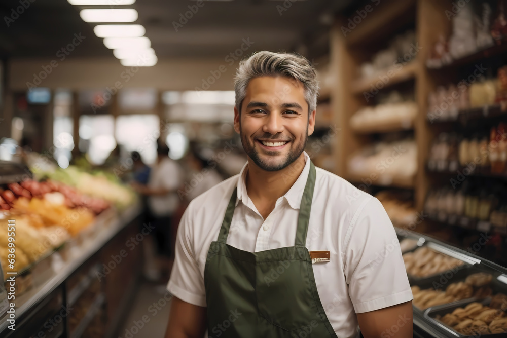 A 30 years old man store worker smiles. White short hairs. Retail store ...