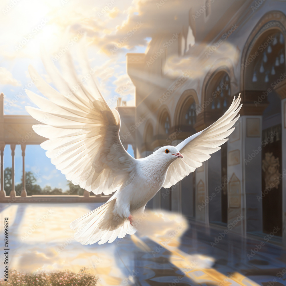 White flying dove bird in the mystical light inside church. Created ...