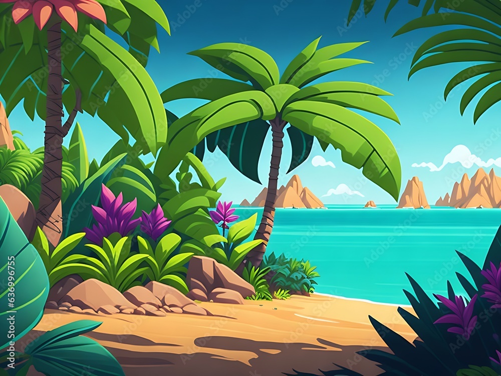 Tropical beach with palm trees and flowers, vector illustration ...