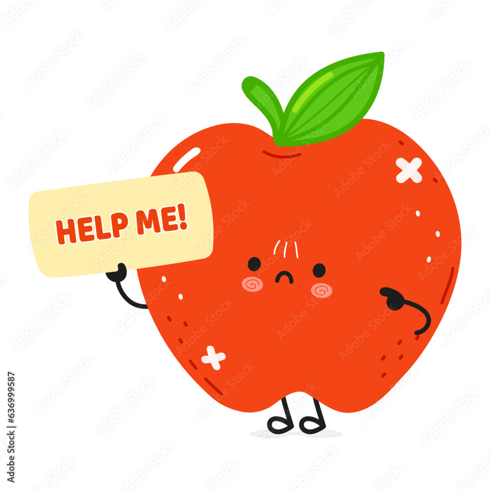 Sick Red Apple asks for help character. Vector hand drawn cartoon ...