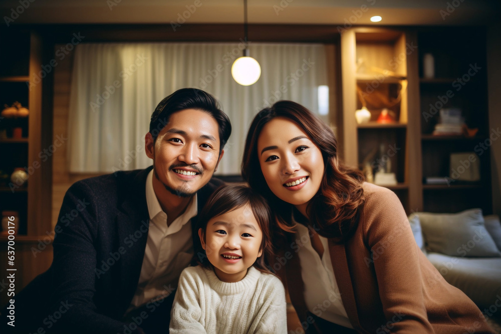 In a traditional Japanese home, a couple in traditional attire holds ...