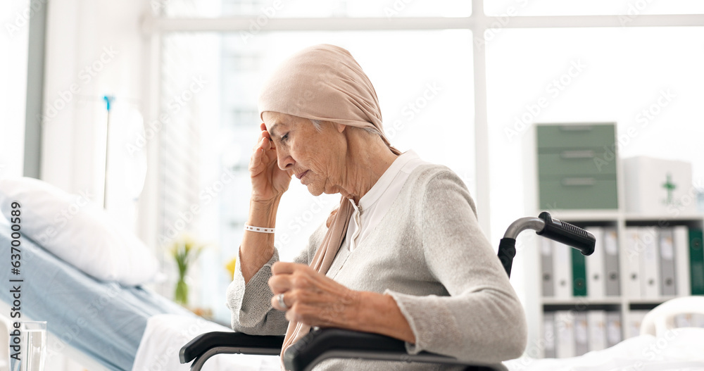 Depression, cancer and angry elderly woman at hospital in wheelchair ...