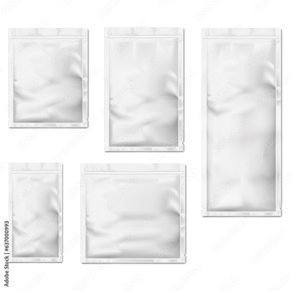 Blank white sachet packet with tear notches vector mock-up set ...