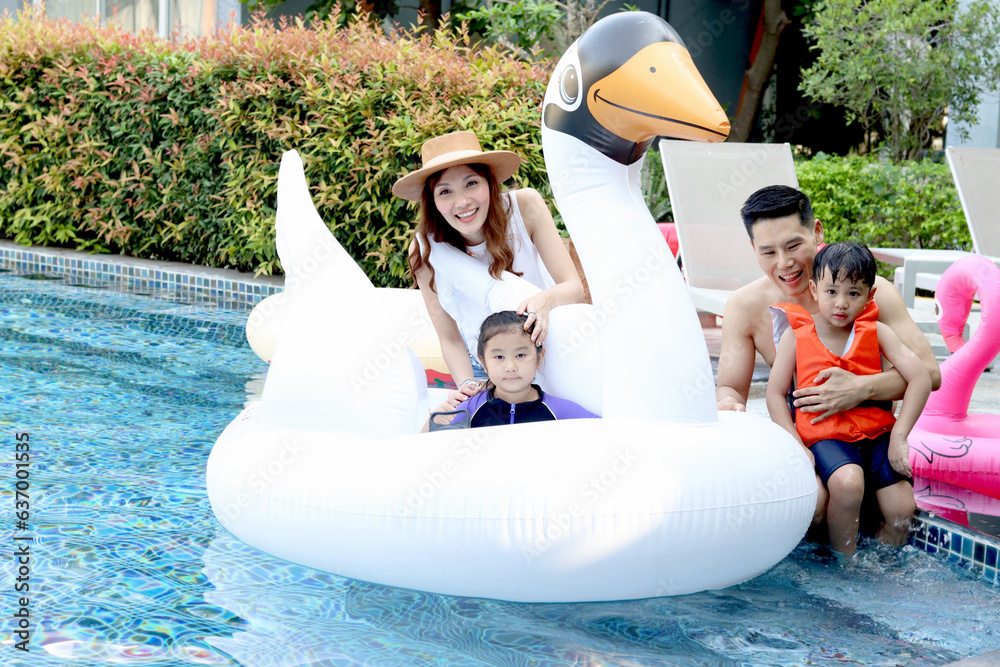 Happy Asian family, father mother daughter and son enjoy outdoor ...