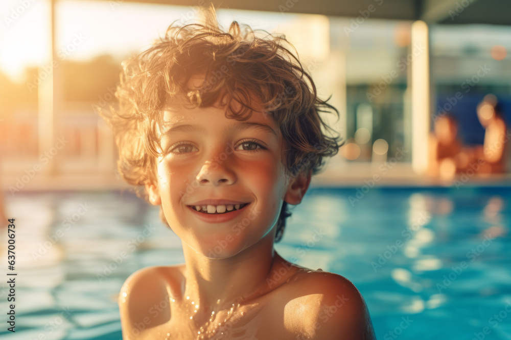 Happy boy at swimming training lesson looking at camera with swimming ...