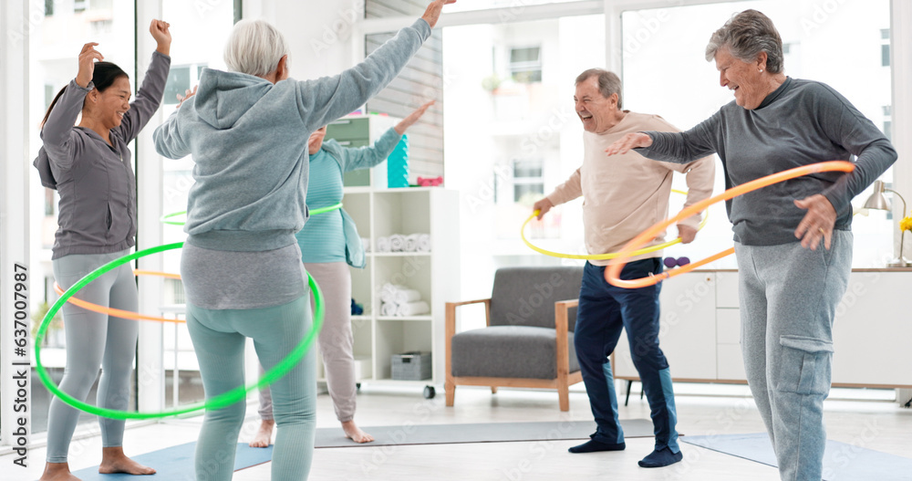 Fitness, senior and people with hula hoop at the gym for training ...