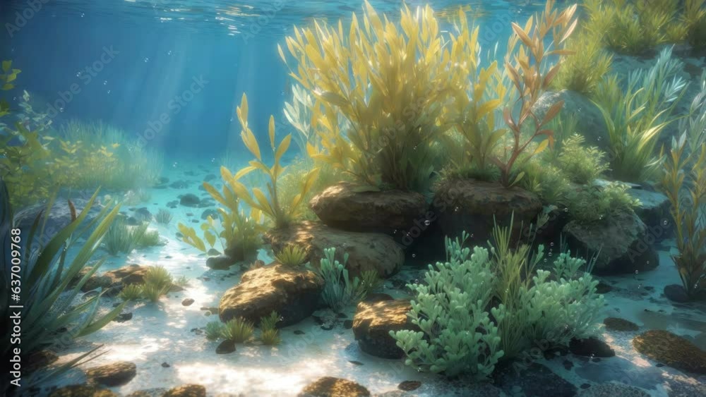 Close up underwater background with aquatic plants seaweed in clean ...