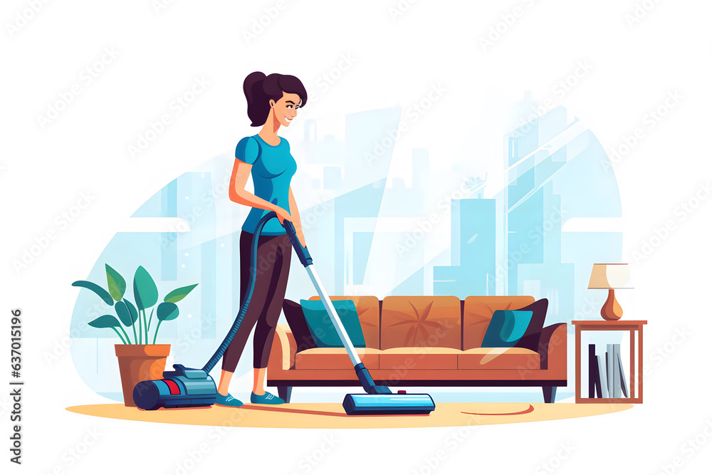 Woman using vacuum cleaner at home.Concept of easy cleaning.Character ...
