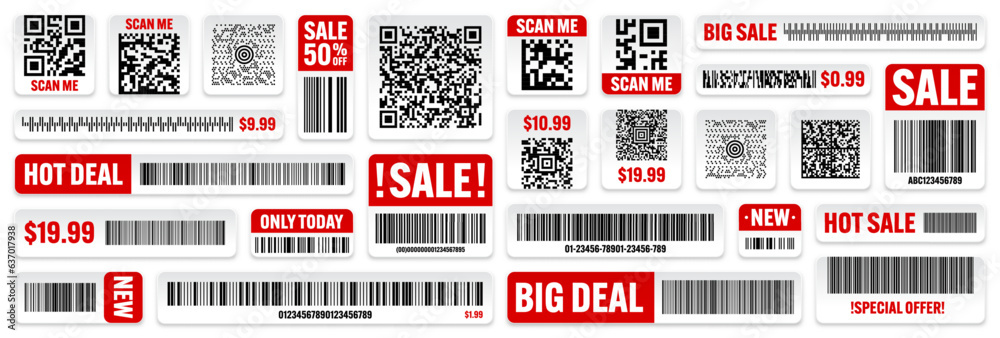 Set of product barcodes and QR codes. Special offer, sale stickers ...