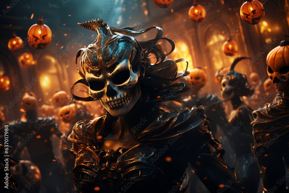 Masquerade ball for the Halloween party, people with bizarre costumes ...