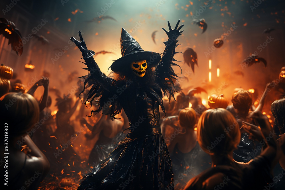 Masquerade ball for the Halloween party, people with bizarre costumes ...