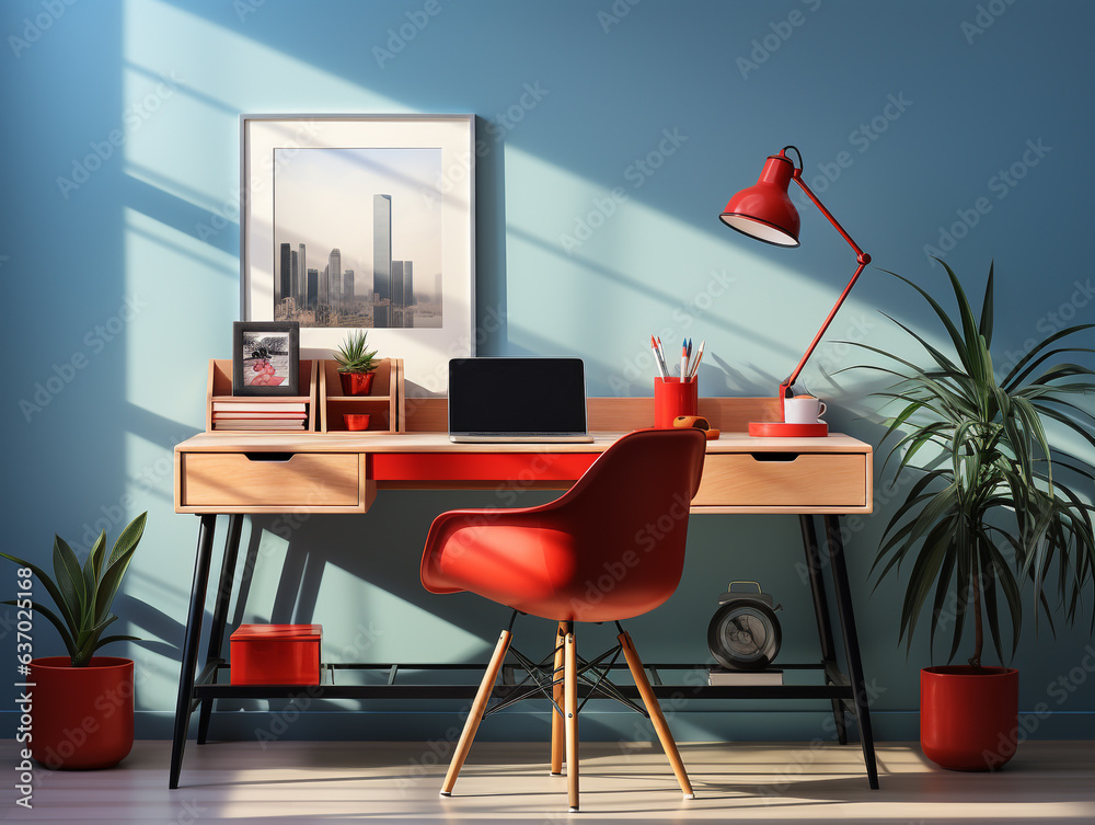 2D flat illustration of modern design study desk. Decorated with simple ...