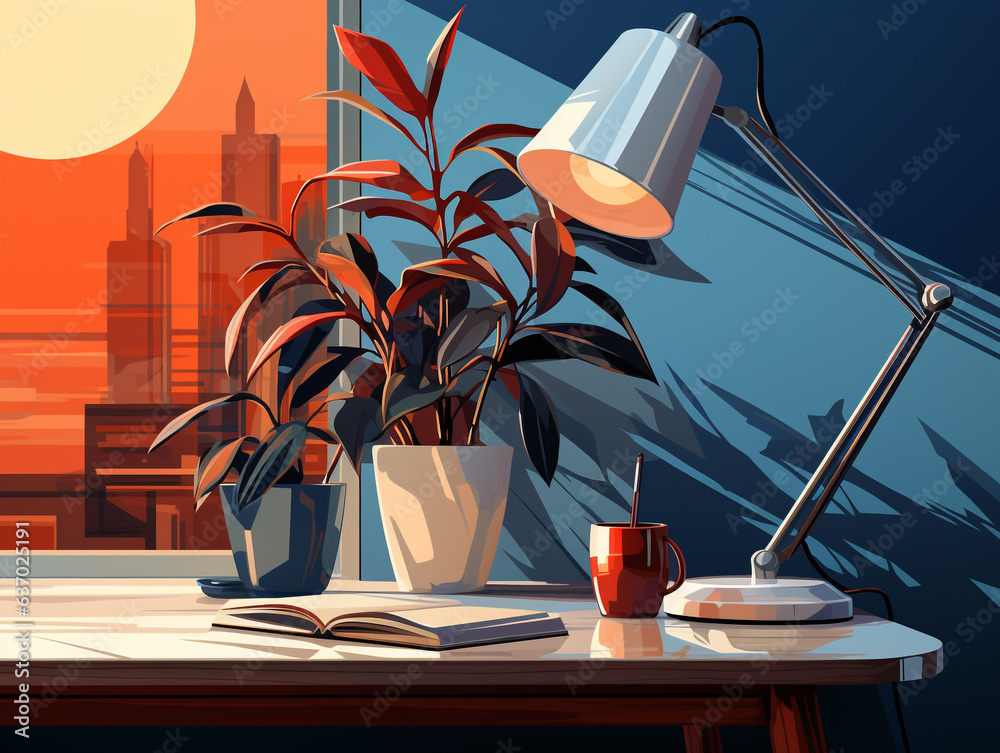 2D flat illustration of modern design study desk. Decorated with simple ...