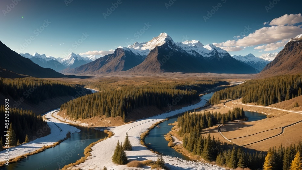 the tremendousness of snow-capped crests against a clear sky, with a ...