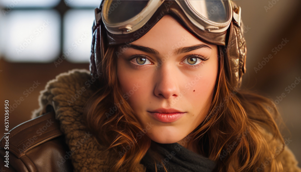 Captivating female pilot in leather aviator gear, revealing intense ...