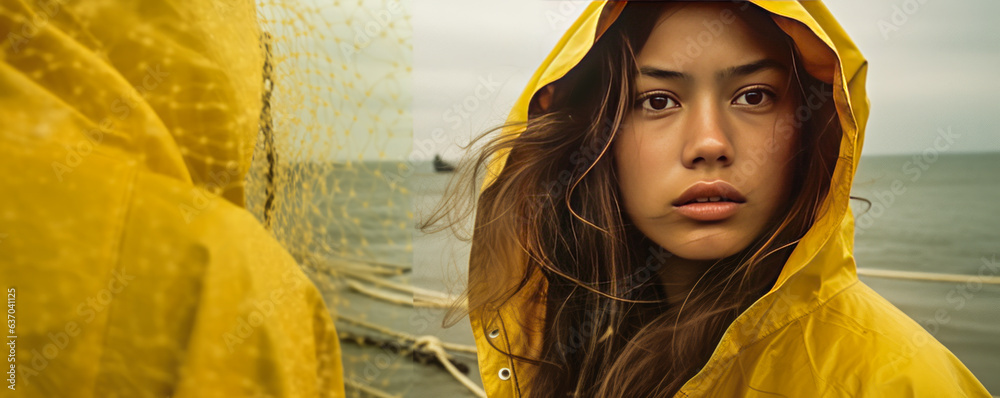 Captivating, sun-touched resilient fisherwoman in raincoat with net ...