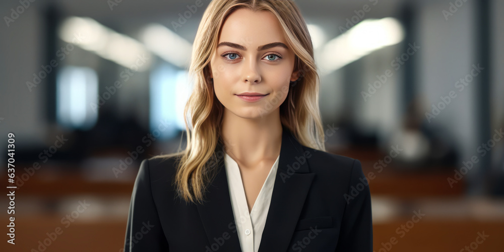 Compelling blonde female lawyer in sleek black suit, eloquently ...