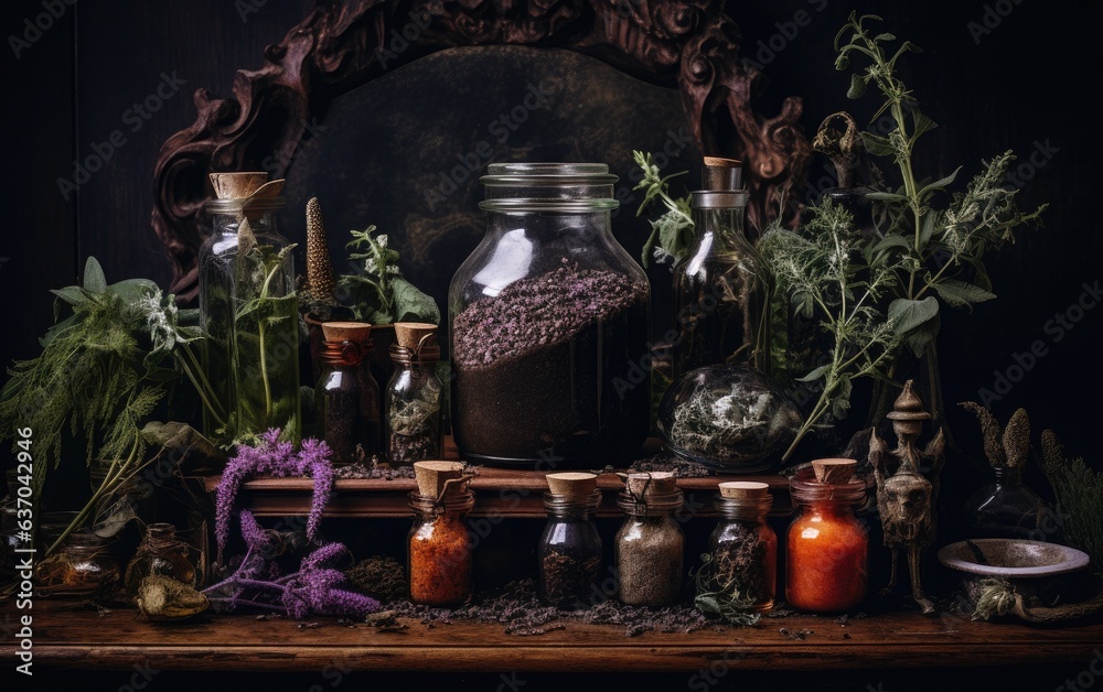 Halloween background of arrangement of dried herbs, potion bottles, and ...