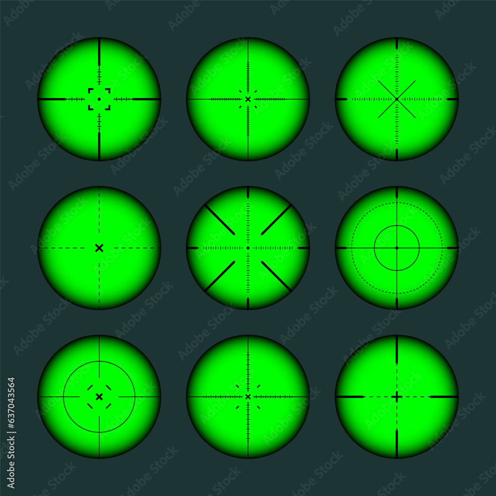 Various weapon night sights, sniper rifle optical scopes. Hunting gun ...
