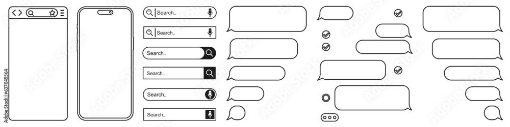 Browser window in line style, smartphone, blank web page, search bar in ...