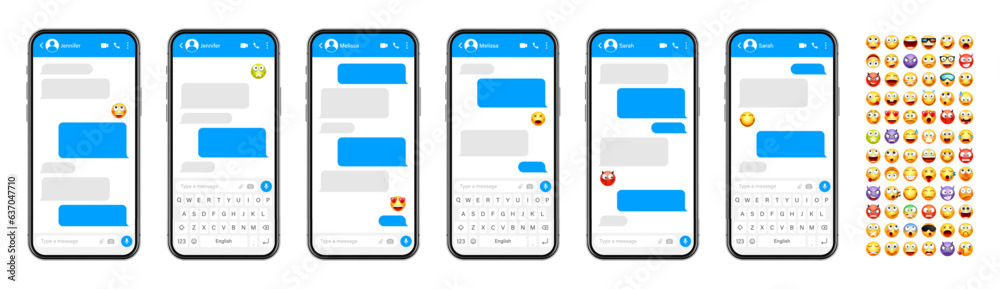 Smartphone messaging app, user interface design with emoji. SMS text ...