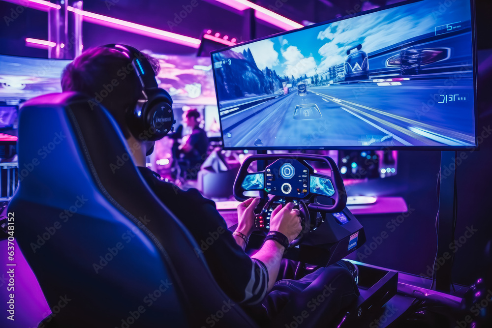 Professional gamers playing online car racing game. Gaming and racing ...