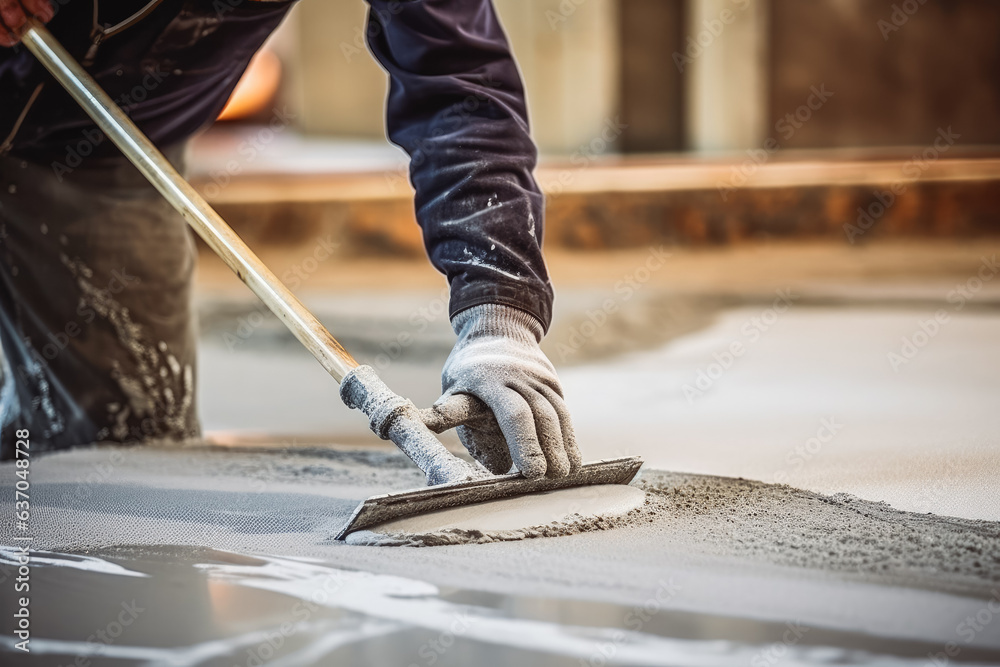 Master with needle roller for new concrete. Road worker using equipment ...