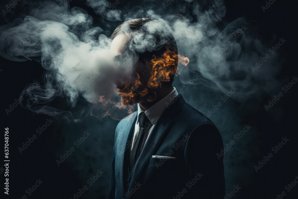 Smartly dressed businessman head is exploding with smoke and flames ...