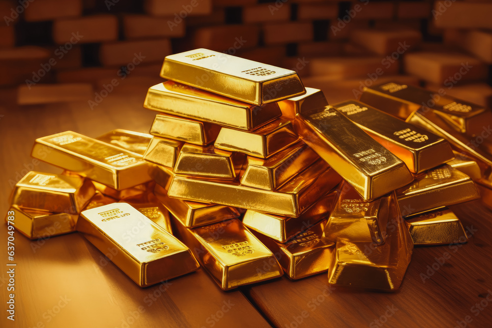 Dozens of valuable gold bars piled up in a bank. Gold bars on table ...