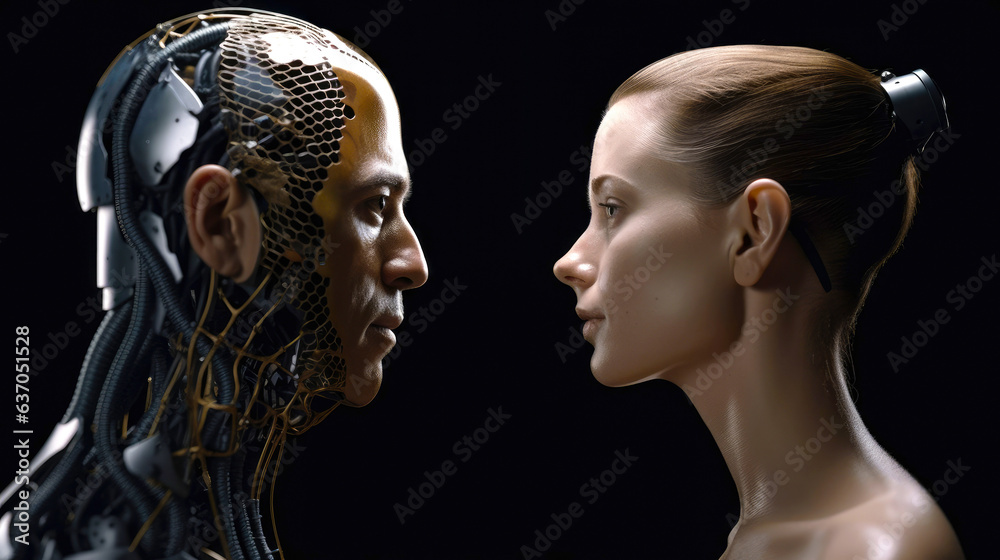 Portrait of a futuristic robot or a fantastic cyborg looking into the ...